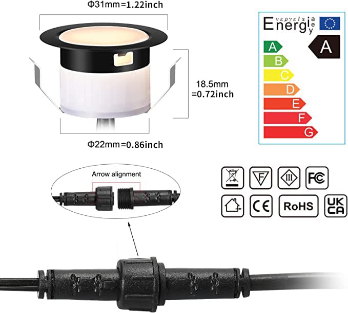 Recessed LED Deck Light Kits 12 Pack, Warm White 3500K with Φ1.22-Inch Black Protecting Shell , 12V Low Voltage Landscape In-ground Lighting, IP67 Waterproof Outdoor Step Stair Lights for Garden
