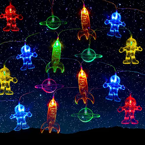 30 LED Children's Room LED String Light Astronaut Spaceship Rocket Pendants Holiday Party Lights Outerspace Room Decor 14.7 Feet Light for Kids Room Decor Birthday Party or Garden Patio (Colorful)