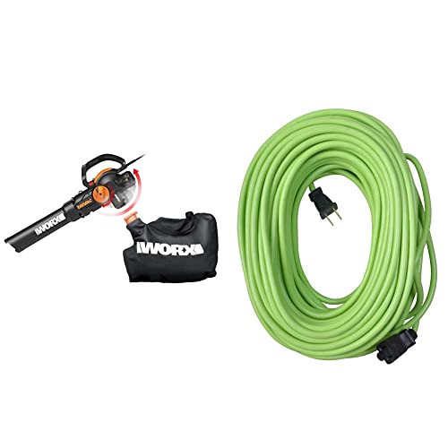 Worx 12 Amp TRIVAC 3-in-1 Electric Leaf Blower/Mulcher/Yard Vacuum - WG512 & Yard Master 9940010 Outdoor Garden 120-Foot Extension Cord Lime Green