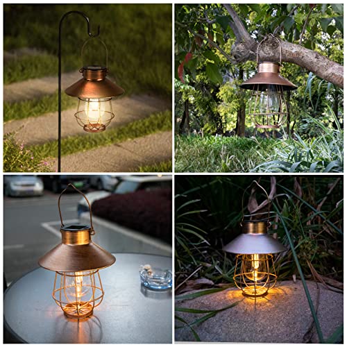 Solar Light Outdoor, 2 Pack Retro Metal Wireless Hanging Solar Lanterns with Warm White Edison Bulb Waterproof for Gazebo Garden Yard Farmhouse Decor (Bronze)