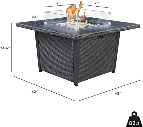 Mazatzal 42IN Square Lightweight Aluminum Propane Fire Table 50,000 BTU Outdoor Patio Fire Pit Table Gas Firepit Table with Lid, Wind Guard and Weather Cover for Outside Garden Backyard (Grey)