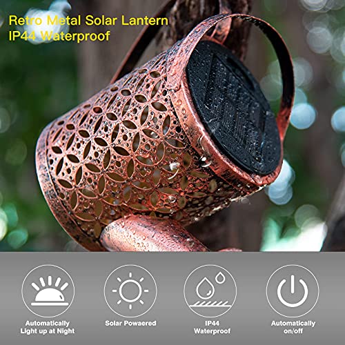 Udreem Solar Lights Outdoor Decorative, Solar Lantern Outdoor Hanging Waterproof Hollowed-Out Design, Decorative Retro Metal Solar Light with Hook for Garden Table Patio Yard Pathway Walkway