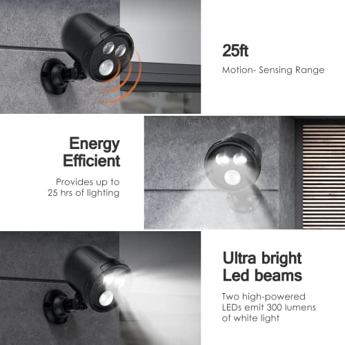 Pwysara LED Outdoor Spotlight - 300 Lumen Battery Operated Motion Sensor Light - Waterproof Outdoor Security Light - Outdoor Spotlight for House, Garage, Yard & Garden Path