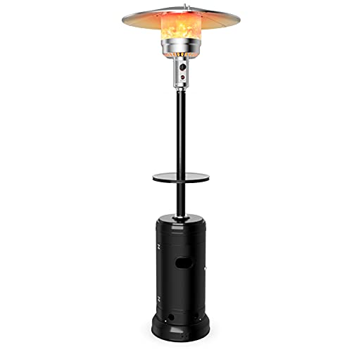 COSTWAY Patio Heater, 48000 BTU Propane Heater with Drink Shelf Tabletop, Simple Ignition System, Base Reservoir and Wheels, Standing Outdoor Space Heater for Patio, Garden and Backyard (Black)