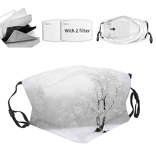 SARNFANS Tree Adult Reusable Face Mask,Winter Landscape Foggy Back,5-Ply Breathable Safety Unisex Adults Fashion Facial Face Masks for Women Men,White Black
