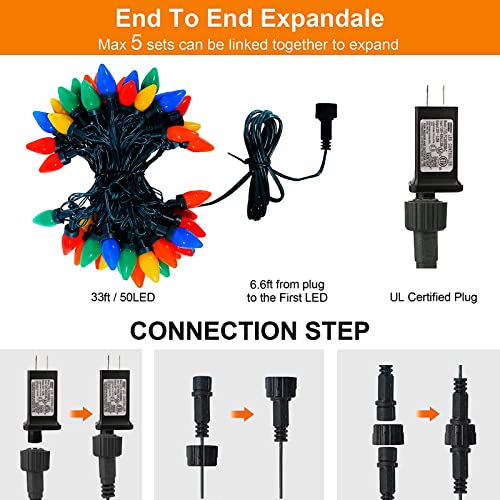 C9 Bulbs - 33ft 50LEDs Christmas String Lights with 29V Safe Adaptor, 5 Sets Connectable,UL Certified Outdoor Indoor Fairy Lights for Christmas Tree Party Garden Decorations