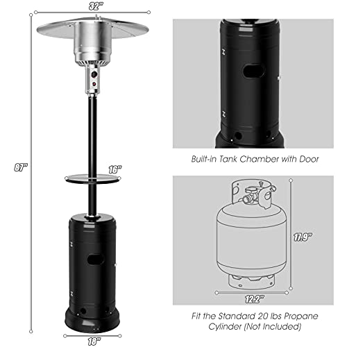 COSTWAY Patio Heater, 48000 BTU Propane Heater with Drink Shelf Tabletop, Simple Ignition System, Base Reservoir and Wheels, Standing Outdoor Space Heater for Patio, Garden and Backyard (Black)