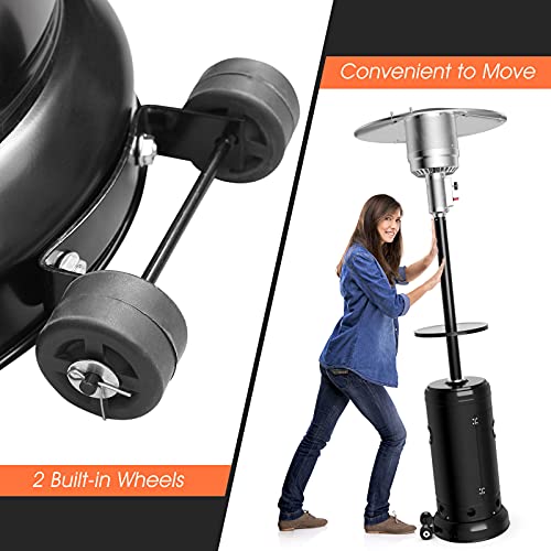 COSTWAY Patio Heater, 48000 BTU Propane Heater with Drink Shelf Tabletop, Simple Ignition System, Base Reservoir and Wheels, Standing Outdoor Space Heater for Patio, Garden and Backyard (Black)