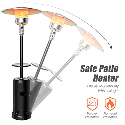 COSTWAY Patio Heater, 48000 BTU Propane Heater with Drink Shelf Tabletop, Simple Ignition System, Base Reservoir and Wheels, Standing Outdoor Space Heater for Patio, Garden and Backyard (Black)