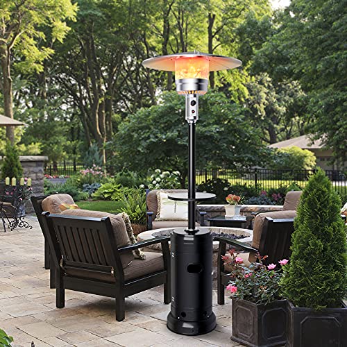COSTWAY Patio Heater, 48000 BTU Propane Heater with Drink Shelf Tabletop, Simple Ignition System, Base Reservoir and Wheels, Standing Outdoor Space Heater for Patio, Garden and Backyard (Black)