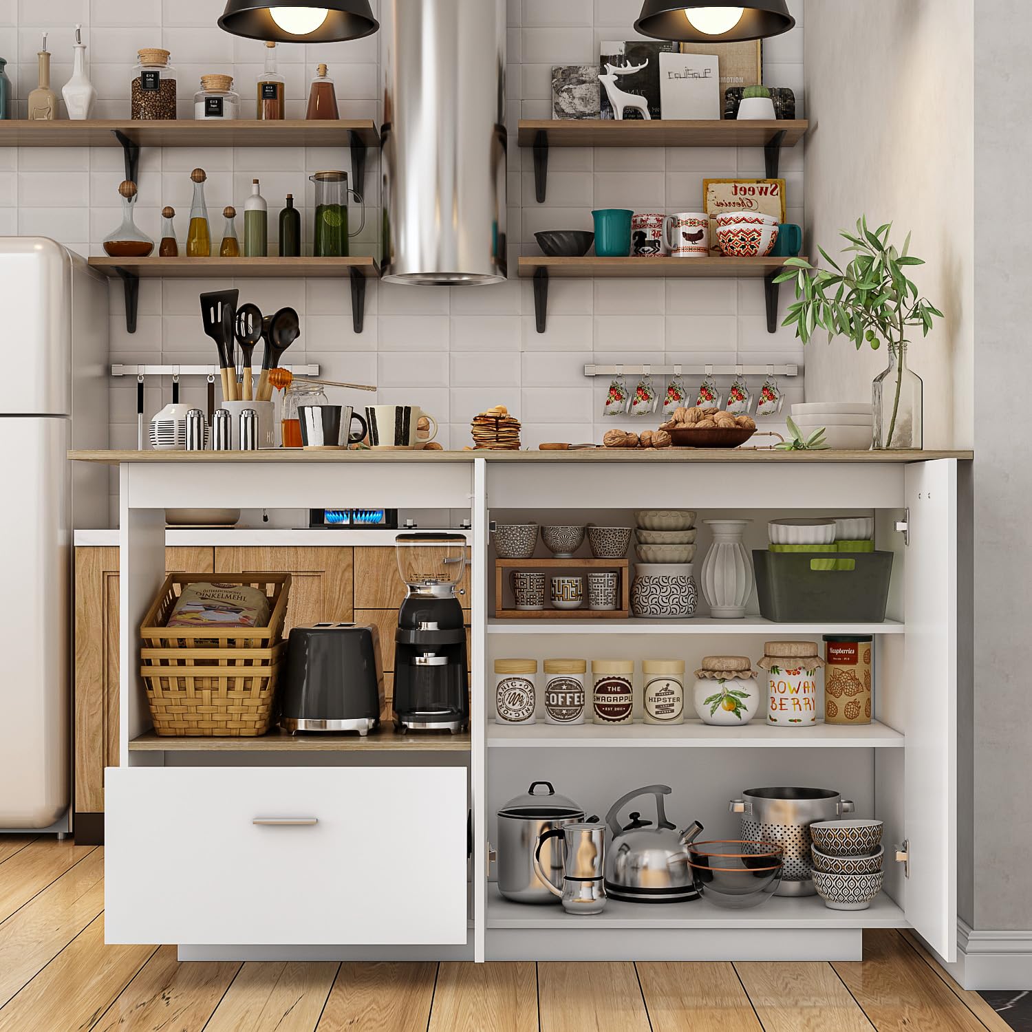 ECACAD 59.1" L Kitchen Island with Lots Storage & Foldable Brown Counter Top, Wood Kitchen Prep Table Stationery Storage Cabinet with Drawers, Shelves & Doors for Dining Room, Brown & White