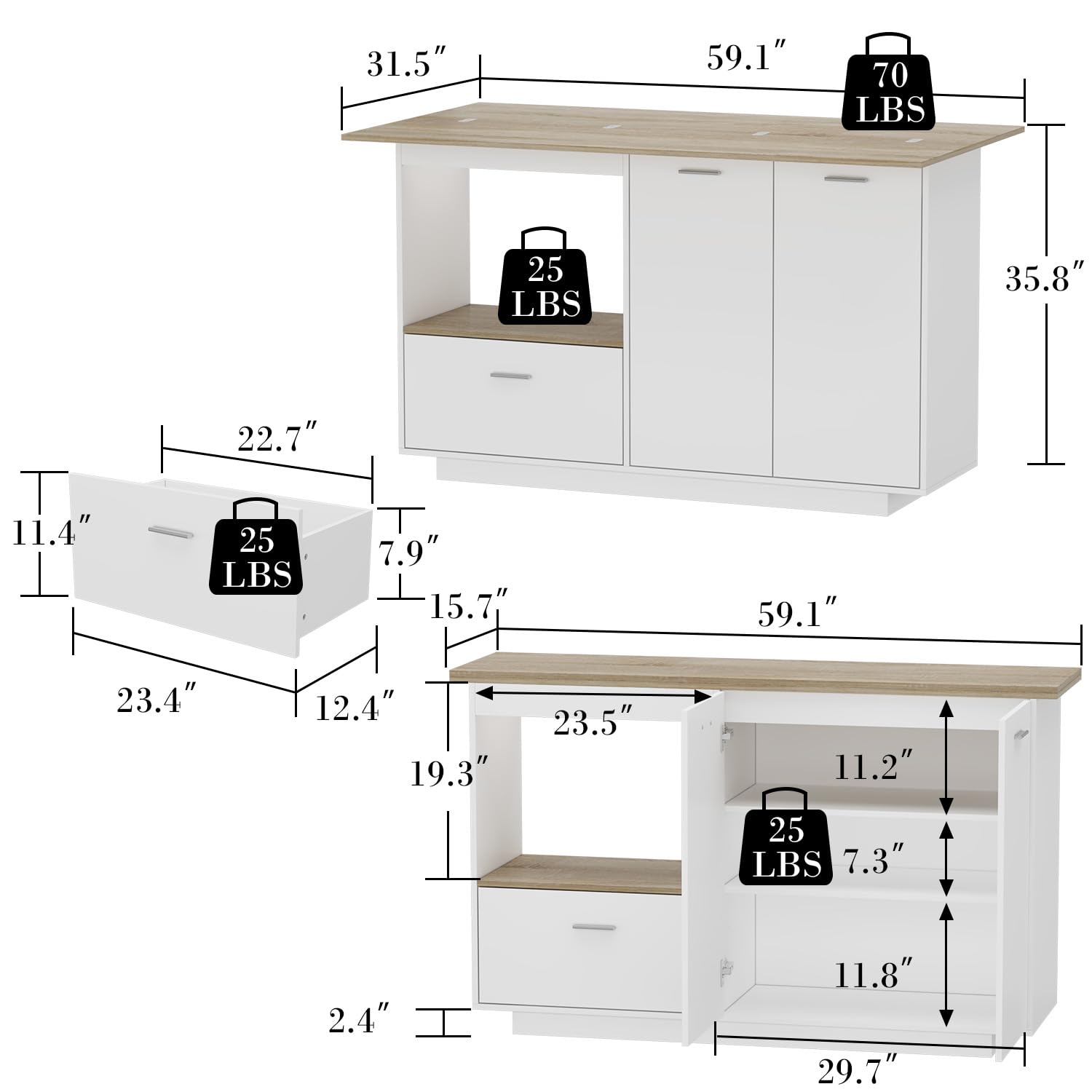 ECACAD 59.1" L Kitchen Island with Lots Storage & Foldable Brown Counter Top, Wood Kitchen Prep Table Stationery Storage Cabinet with Drawers, Shelves & Doors for Dining Room, Brown & White
