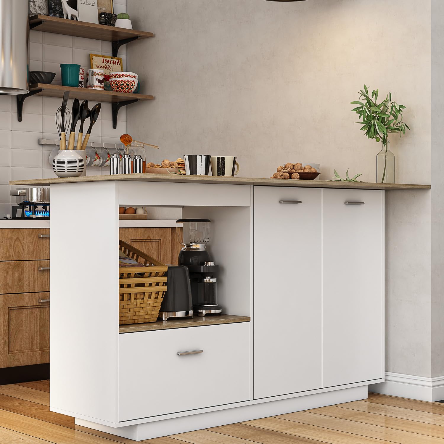 ECACAD 59.1" L Kitchen Island with Lots Storage & Foldable Brown Counter Top, Wood Kitchen Prep Table Stationery Storage Cabinet with Drawers, Shelves & Doors for Dining Room, Brown & White