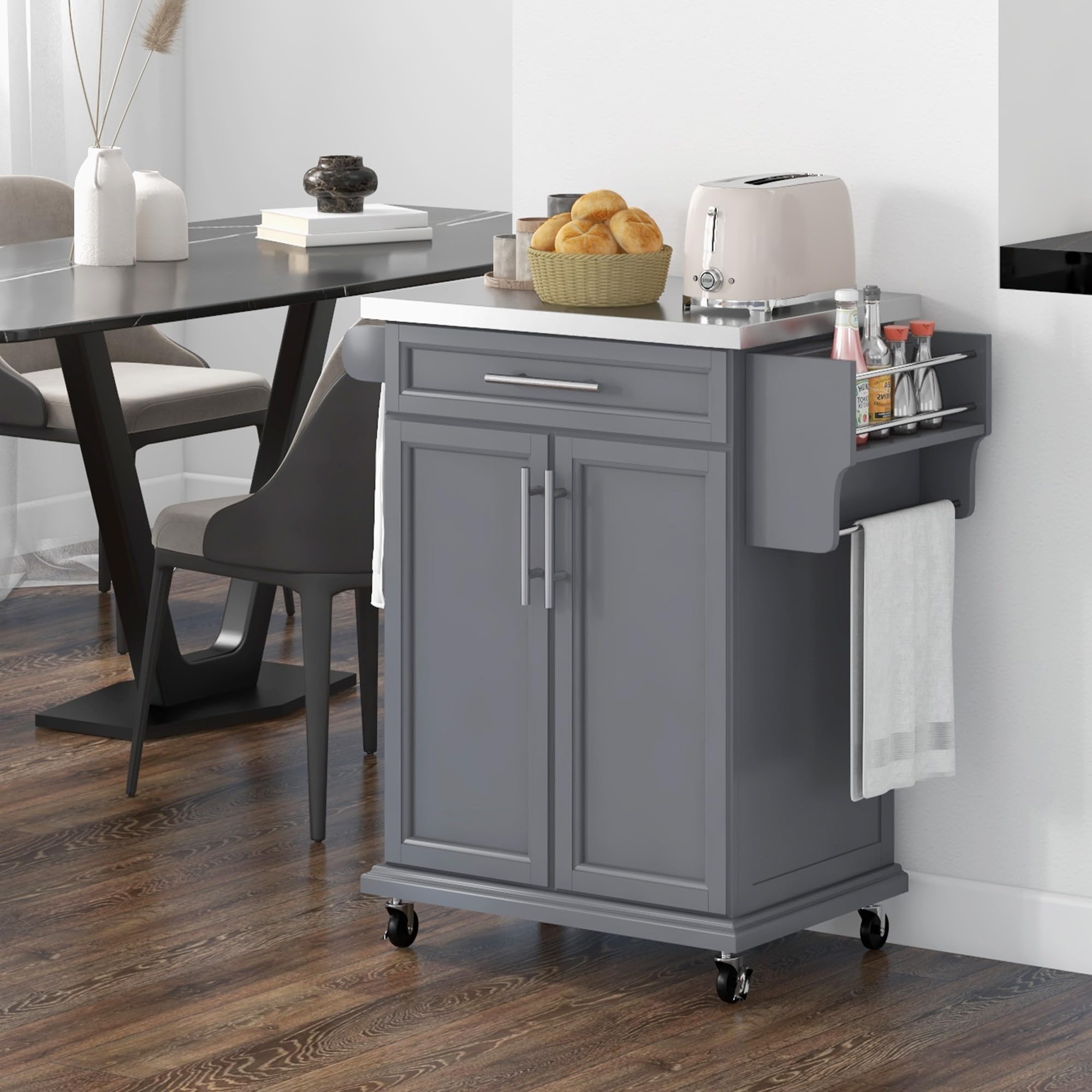 HOMCOM Kitchen Island on Wheels, Rolling Kitchen Cart with Stainless Steel Countertop, Drawer, Towel Rack and Spice Rack, Utility Storage Trolley, Gray