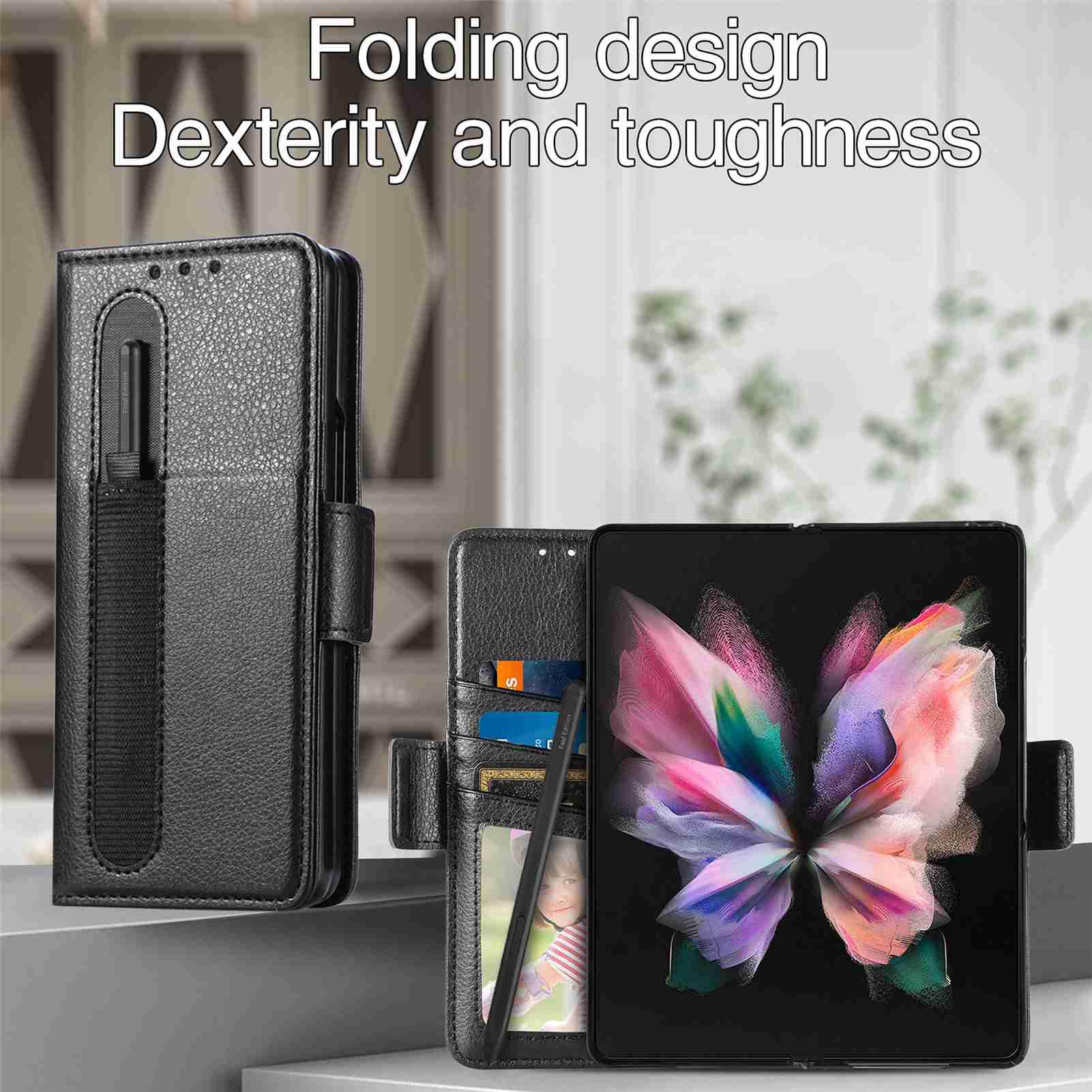 Knoowcase for Samsung Galaxy Z Fold 5 Case Shockproof PU Leather Wallet Card Holder Kickstand Bumper Case with Pen Holder for Samsung Z Fold 5 Phone Case, Black