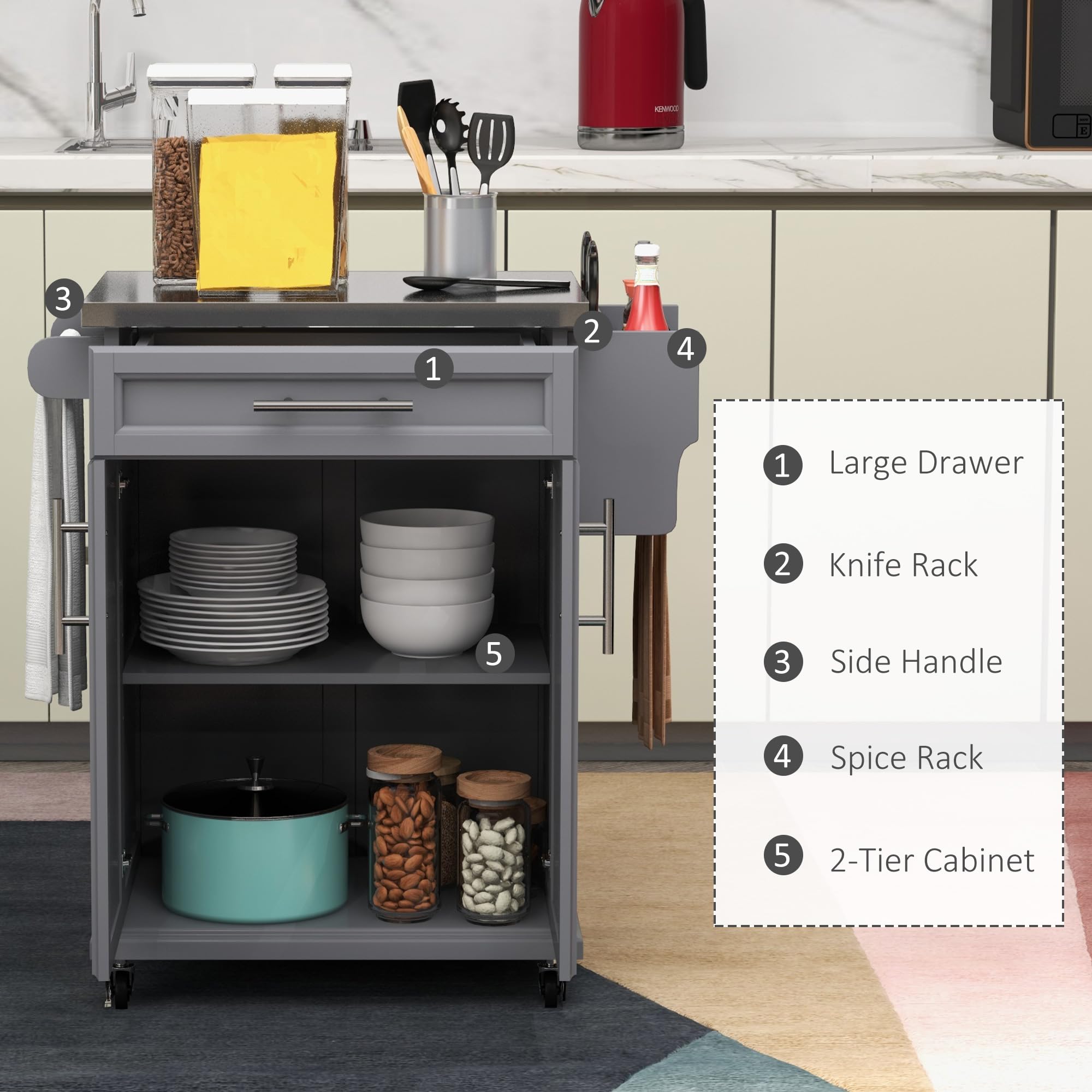 HOMCOM Kitchen Island on Wheels, Rolling Kitchen Cart with Stainless Steel Countertop, Drawer, Towel Rack and Spice Rack, Utility Storage Trolley, Gray
