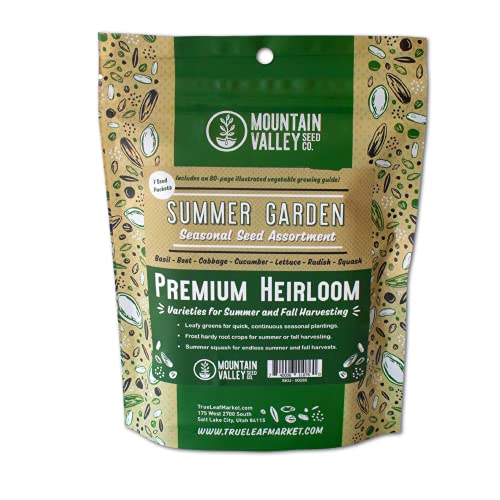 Summer Garden Heirloom Vegetable Seeds - ~5,000+ Total Seeds, 7 Varieties of Seeds to Sow in Summer Months - Beet, Lettuce, Radish, Basil, Cabbage, Cucumber, & Squash Heirloom Seeds for Planting