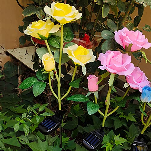 Thafikzi Solar Garden Stake Lights, 2 Pack Outdoor Solar Powered Rose LED Lights with 4 Rose Flowers, White Light Waterproof Solar Decorative LED Lights for Garden, Patio, Backyard (Yellow)