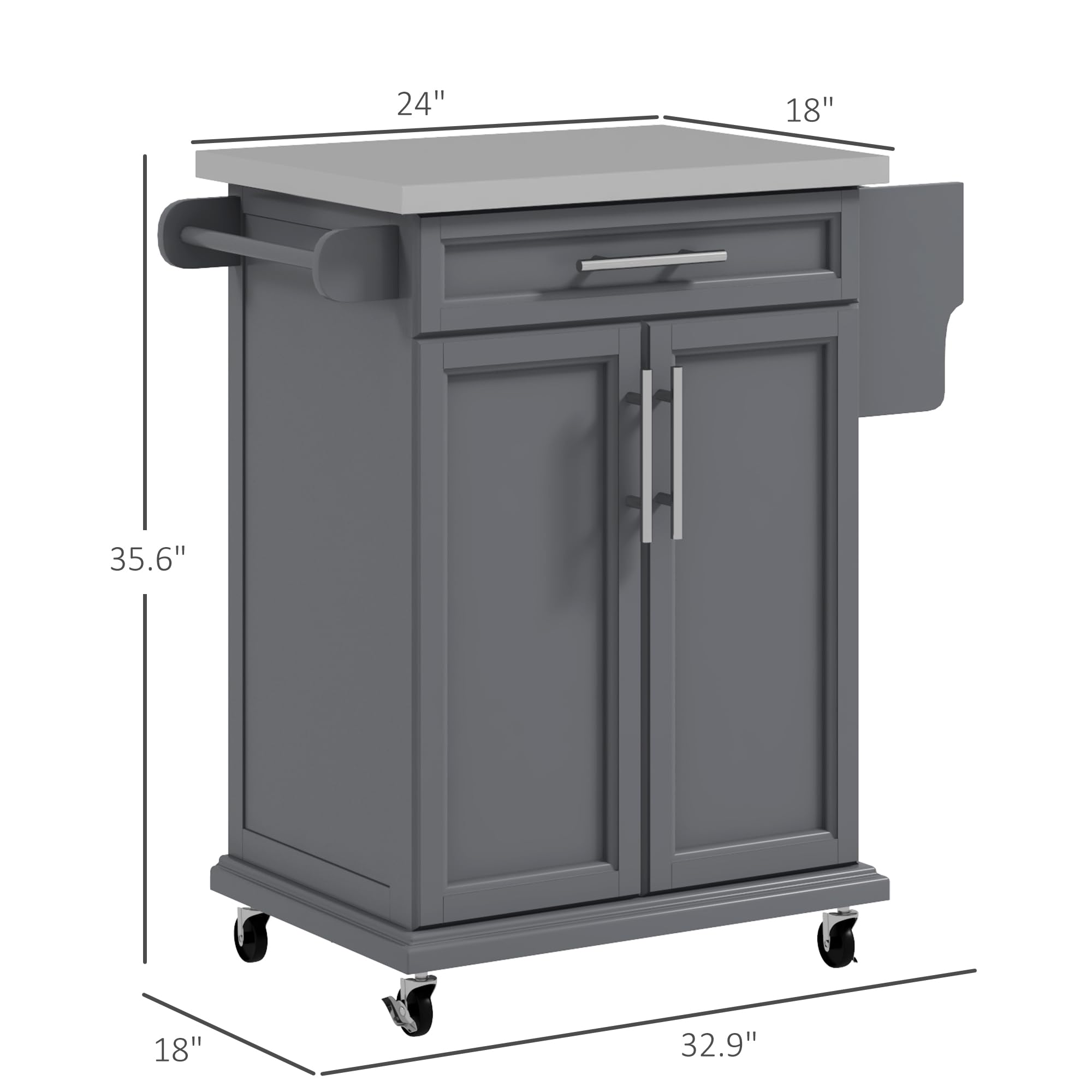 HOMCOM Kitchen Island on Wheels, Rolling Kitchen Cart with Stainless Steel Countertop, Drawer, Towel Rack and Spice Rack, Utility Storage Trolley, Gray