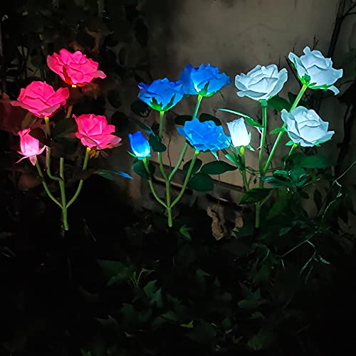 Thafikzi Solar Garden Stake Lights, 2 Pack Outdoor Solar Powered Rose LED Lights with 4 Rose Flowers, White Light Waterproof Solar Decorative LED Lights for Garden, Patio, Backyard (Yellow)