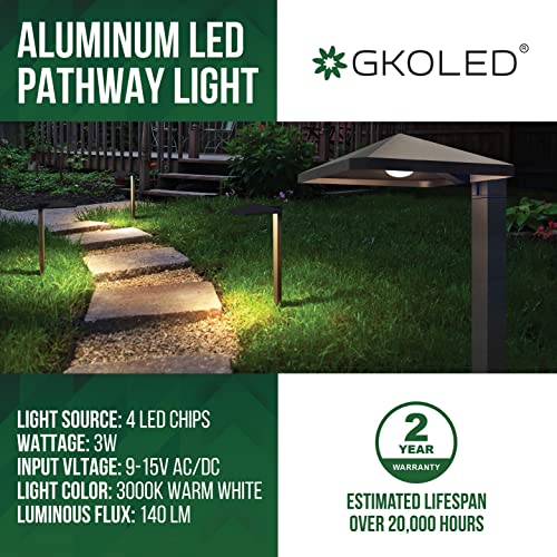 GKOLED 6 Pack Low Voltage LED Landscape Pathway Light, Outdoor Garden Yard Walkway Sidewalk Driveway Lighting, Waterproof Path Lights with Large Stake, 3W 3000K, Die-cast Aluminum Housing, Black