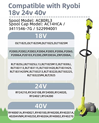 Weed Wacker String Compatible with Ryobi One Plus+ AC80RL3, 0.08'' String Trimmer Line,Weed Eater String Compatible with Ryobi 18V, 24V, 40V Trimmers(6 Replacement Spool, 1 Trimmer Cap Cover)…