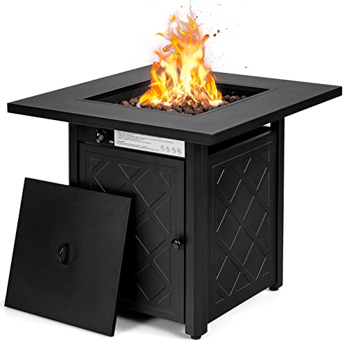 Giantex 28’’ Propane Fire Pit Table, 50,000 BTU Auto-Ignition Gas Fire Pit, Square Steel Fire Table with Lid, Multifunctional Gas Fire Pit Table for Patio Garden Poolside, CSA Certification