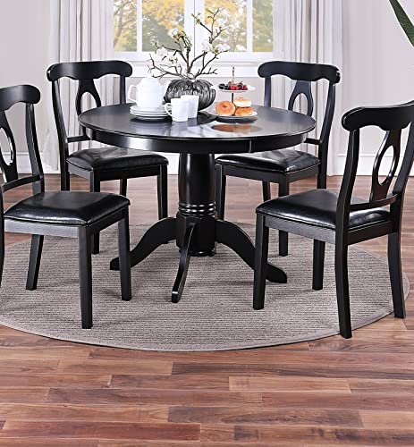 LCH Classic Design 5pc Set,Round Table with 4 Side Upholstered Chairs Cushion Fabric Upholstery Seat,Rubberwood Black Color Furniture for Dining Romm,Living Room,Easy to Assemble