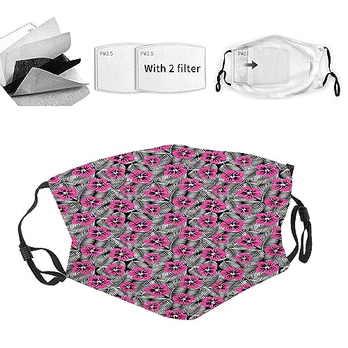 SARNFANS Luau Adult Reusable Face Mask,Hibiscus Petals Over Floral,5-Ply Breathable Safety Unisex Adults Fashion Facial Face Masks for Women Men,Pink Black White