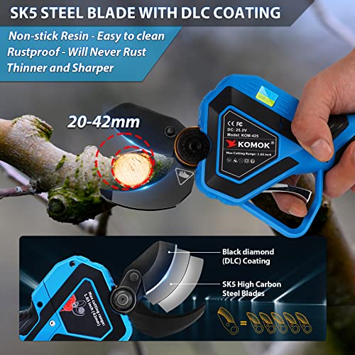 KOMOK Professional Cordless Electric Pruning Shears Secateurs, Smart Garden Orchard Tools 2 Rechargeable 2Ah Battery Tree Branch Pruner with Power Display 42mm/1.65", 8-10 Working Hours