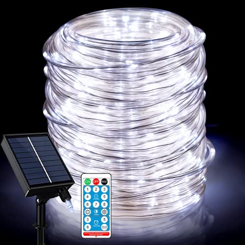 Solar Outdoor Rope Lights, 66ft 200leds Solar Powered Rope Lights Outdoor, 8 Modes Dimmable/Timer Remote String Light 3.7V/1200mAh Rope Solar Lights Outdoor Waterproof for Garden Decor, White