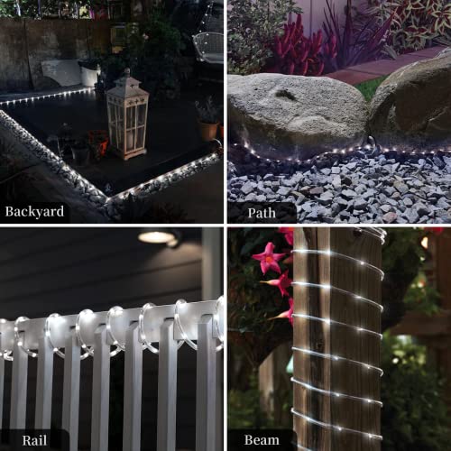 Solar Outdoor Rope Lights, 66ft 200leds Solar Powered Rope Lights Outdoor, 8 Modes Dimmable/Timer Remote String Light 3.7V/1200mAh Rope Solar Lights Outdoor Waterproof for Garden Decor, White