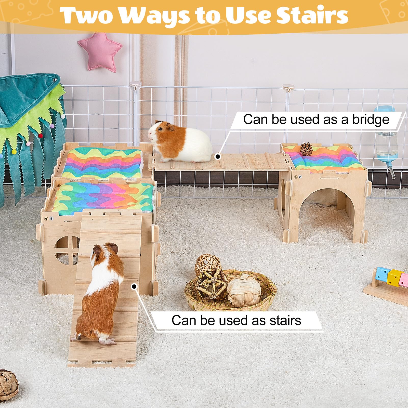 Guinea Pig Hideout, Guinea Pig House with Stairs and Mats Extra Large Guinea Pig Castle Detachable Hideouts for Small Animals Wooden Guinea Pig Habitats with Multiple Doors and Windows