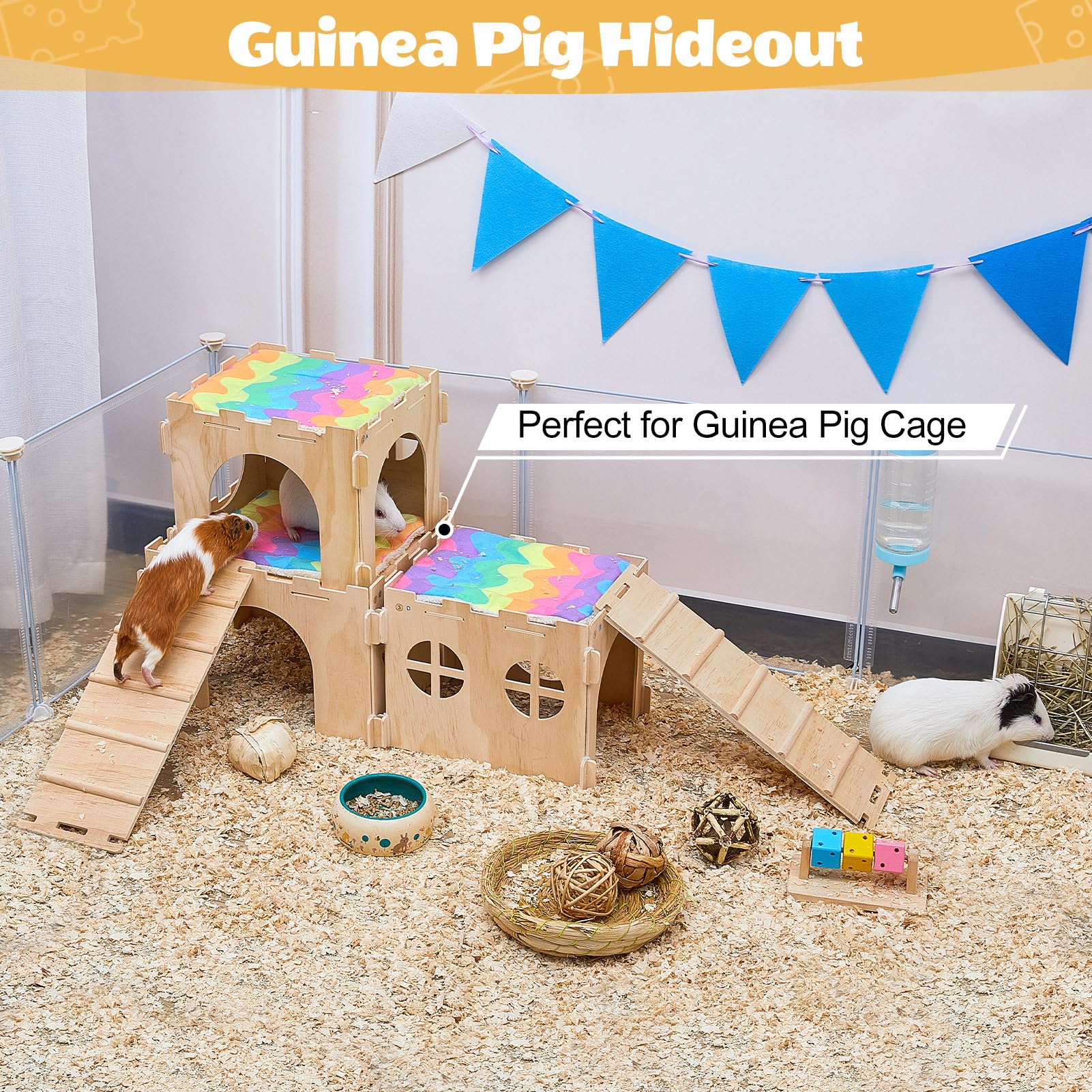 Guinea Pig Hideout, Guinea Pig House with Stairs and Mats Extra Large Guinea Pig Castle Detachable Hideouts for Small Animals Wooden Guinea Pig Habitats with Multiple Doors and Windows