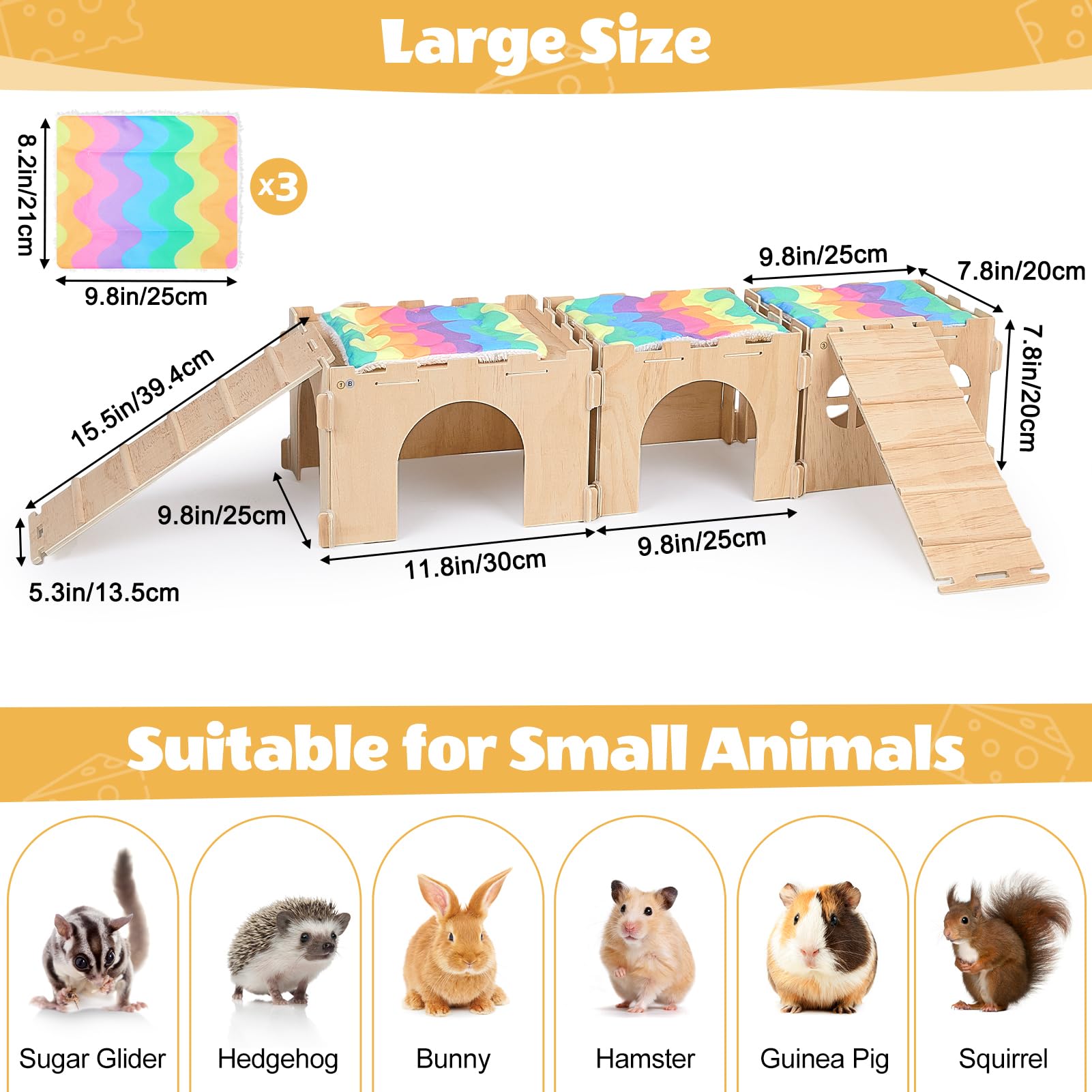 Guinea Pig Hideout, Guinea Pig House with Stairs and Mats Extra Large Guinea Pig Castle Detachable Hideouts for Small Animals Wooden Guinea Pig Habitats with Multiple Doors and Windows