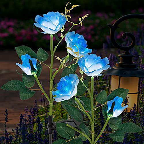 FORUP 2 Pack Solar Garden Stake Lights, Outdoor Solar Rose Flower Lights with 6 Rose Flowers, LED Rose Solar Powered Lights for Patio, Lawn, Garden, Yard Decoration, Blue
