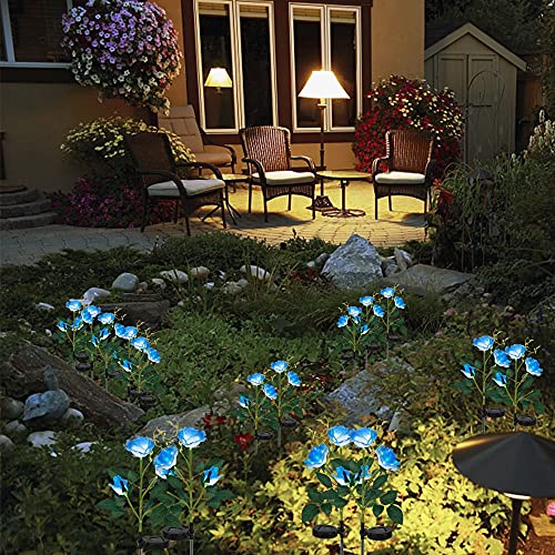 FORUP 2 Pack Solar Garden Stake Lights, Outdoor Solar Rose Flower Lights with 6 Rose Flowers, LED Rose Solar Powered Lights for Patio, Lawn, Garden, Yard Decoration, Blue