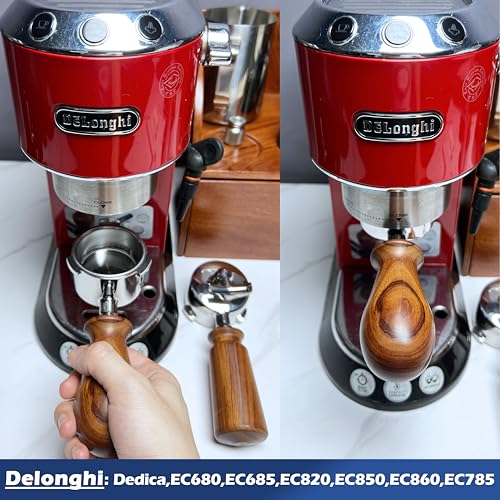NEOUZA 51mm Espresso Portafilter Compatible with DeLonghi Dedica EC685 Coffee Machine,Mini Wood Handle,Non-pressurized Basket,Double Spouts (H1 Handle)