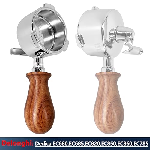 NEOUZA 51mm Espresso Portafilter Compatible with DeLonghi Dedica EC685 Coffee Machine,Mini Wood Handle,Non-pressurized Basket,Double Spouts (H1 Handle)