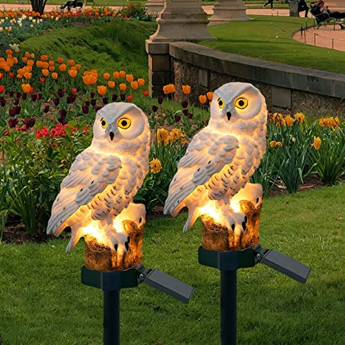 FLJZCZM Owl Figurine Solar LED Lights, Resin Garden Waterproof Decorations with Stake for Outdoor Yard Pathway Outside Patio Lawn Decor to Scare Birds Away