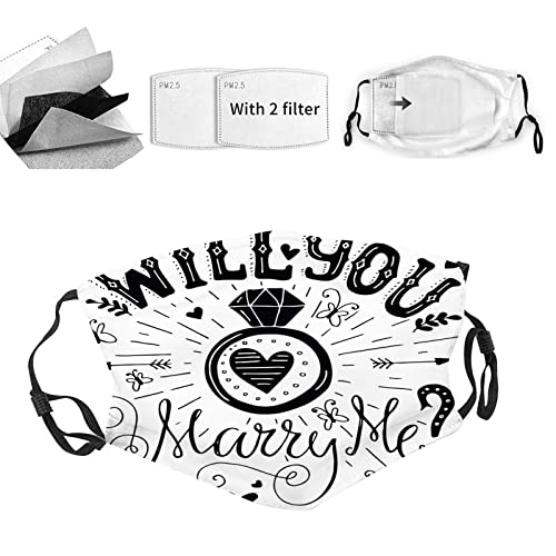 SARNFANS Engagement Party Adult Reusable Face Mask,Will You Marry Me Words with Hearts,5-Ply Breathable Safety Unisex Adults Fashion Facial Face Masks for Women Men,Black and White