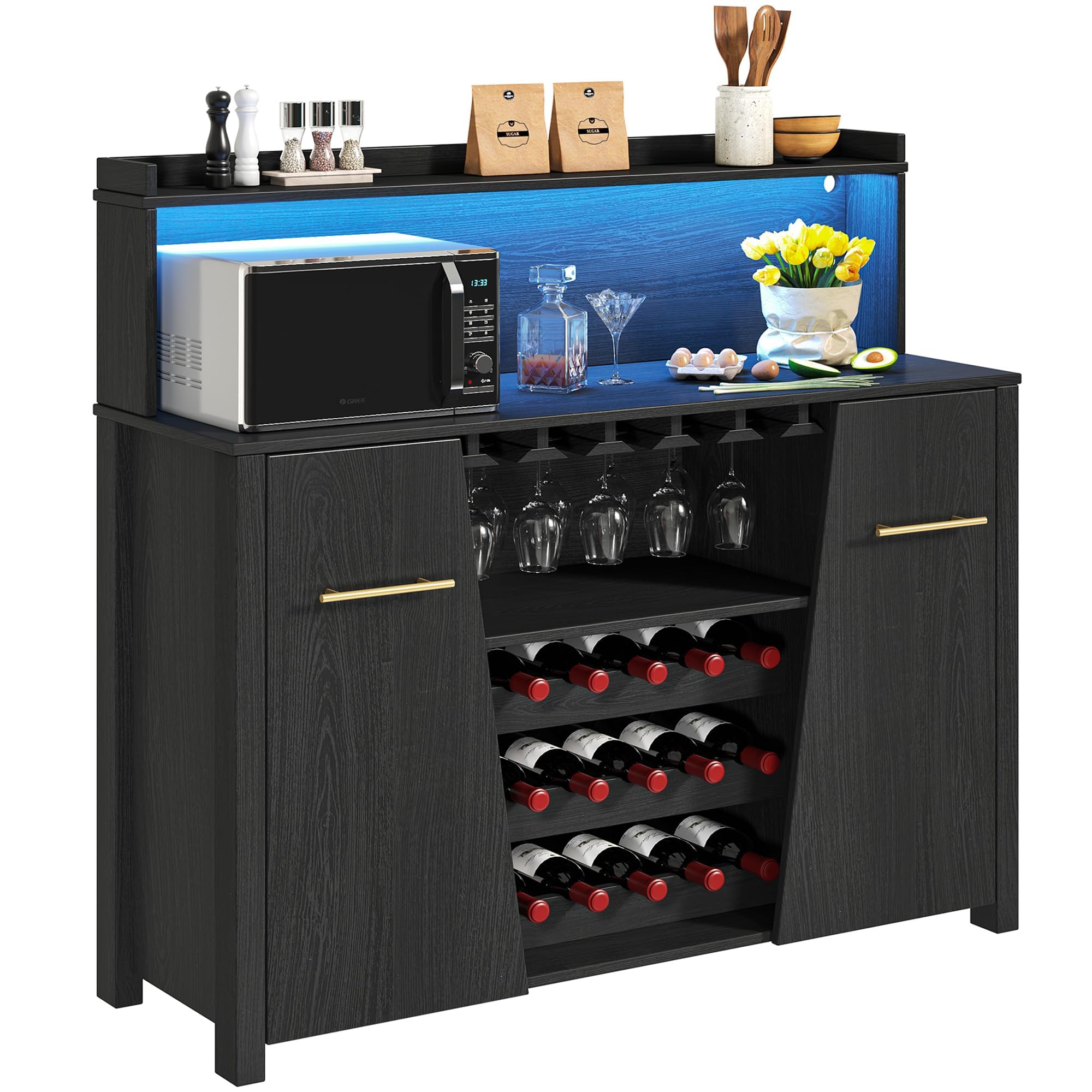 DWVO Bar Cabinet with LED Lights, 47'' Sideboard Buffet Coffee Bar Cabinet with Wine Rack and Glass Holder, Liquor Cabinet with Adjustable Shelf for Living Room, Kitchen, Dining Room, Black