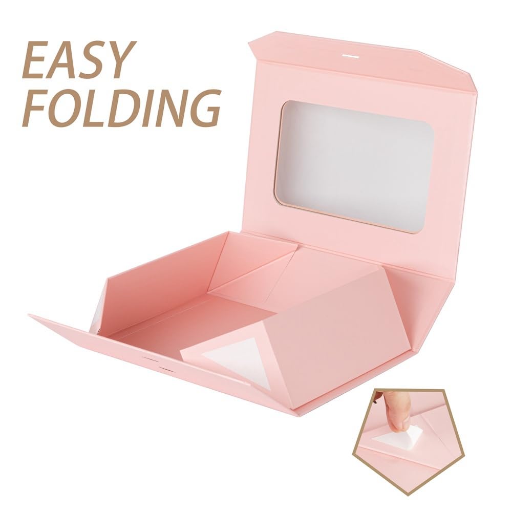 PLINJOY Pink Gift Box for Presents with Ribbon 10.8x7.5x3.5 Inches Clear Gift Box with Window Magnetic Closure Gift Boxes with Lids