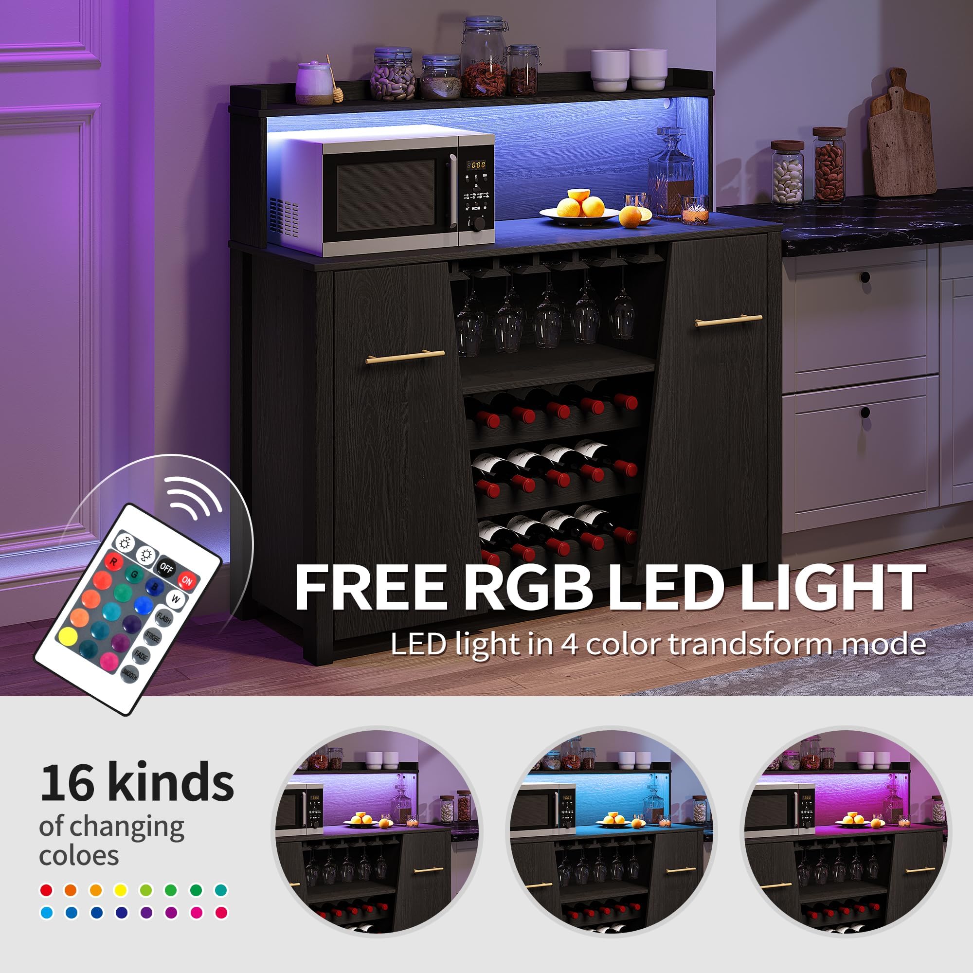 DWVO Bar Cabinet with LED Lights, 47'' Sideboard Buffet Coffee Bar Cabinet with Wine Rack and Glass Holder, Liquor Cabinet with Adjustable Shelf for Living Room, Kitchen, Dining Room, Black