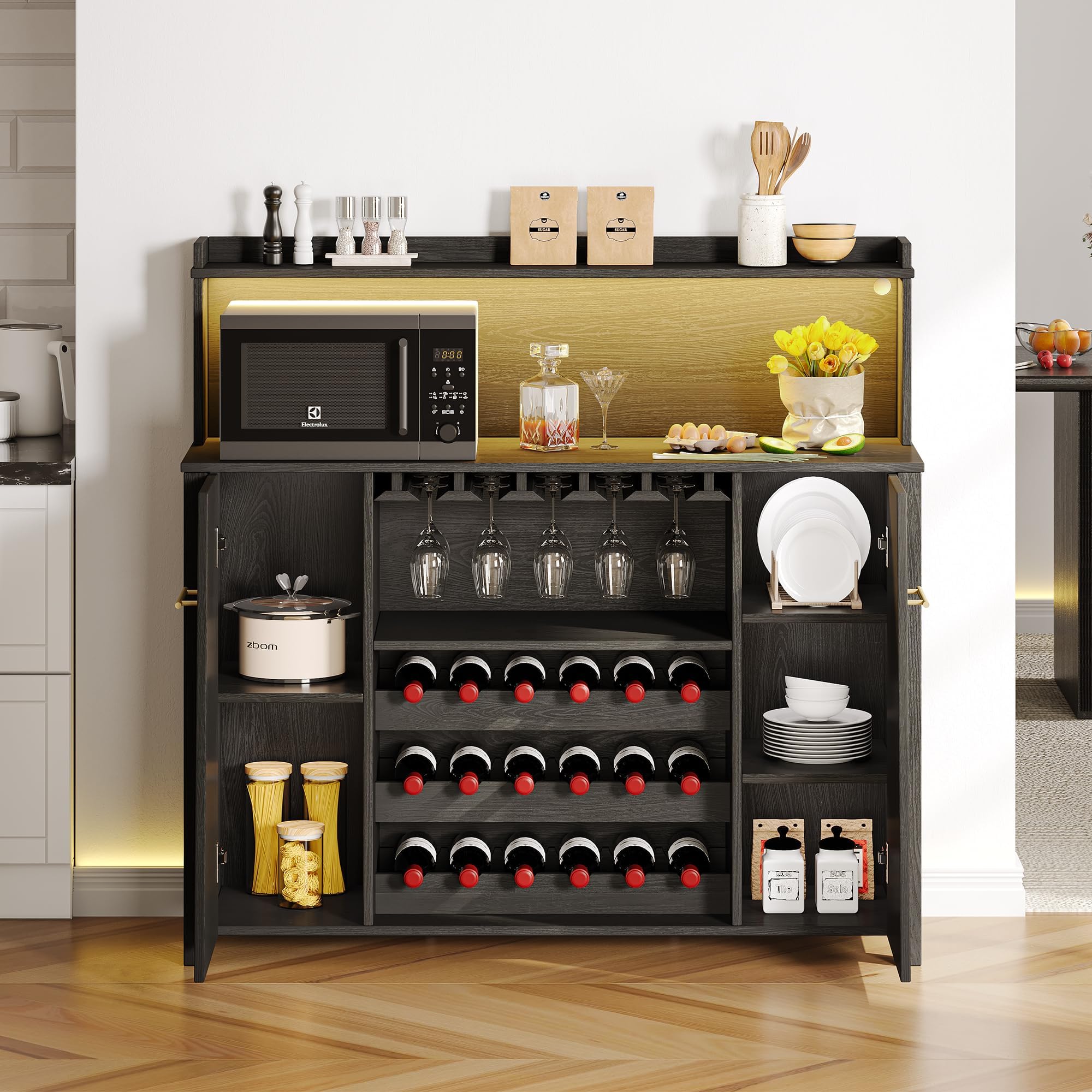 DWVO Bar Cabinet with LED Lights, 47'' Sideboard Buffet Coffee Bar Cabinet with Wine Rack and Glass Holder, Liquor Cabinet with Adjustable Shelf for Living Room, Kitchen, Dining Room, Black