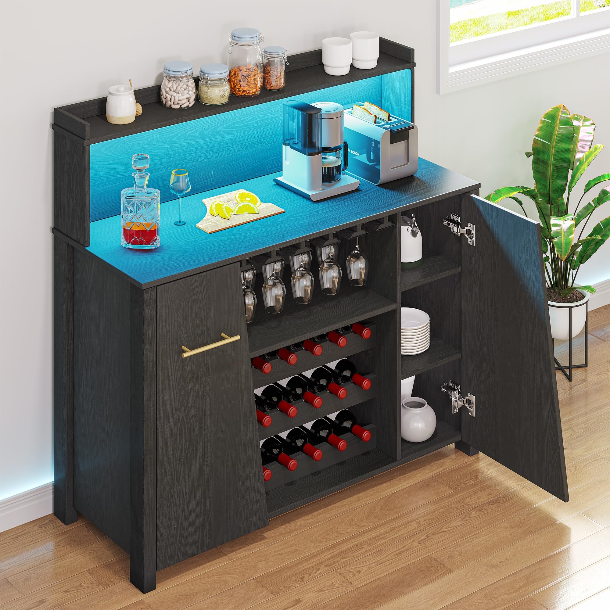 DWVO Bar Cabinet with LED Lights, 47'' Sideboard Buffet Coffee Bar Cabinet with Wine Rack and Glass Holder, Liquor Cabinet with Adjustable Shelf for Living Room, Kitchen, Dining Room, Black