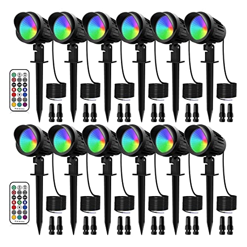 MEIKEE 15W RGB Landscape Lights, DC/AC 12V 24V Low Voltage Landscape Lights, RGB Color Changing LED Landscape Lighting, IP66 Waterproof Outdoor Lights with Connectors for Garden Path Yard (12 Pack)