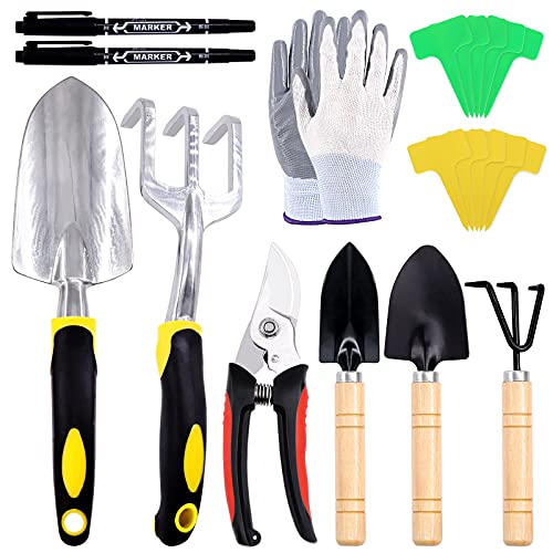 Wokape 50Pcs Garden Tool Set Gardening Kit, Handle Trowel Transplanter Cultivator Pruning Shears Cultivator Hand Rake Shovels and Gardening Gloves Gardening Supplies Gifts for Weeding, Digging