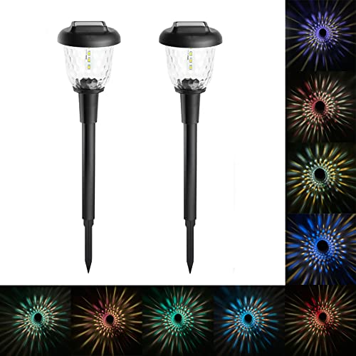 Solar Outdoor Lights Waterproof Backyard Decorative 2Pack Dynamic Pattern Solar Pathway Lights Color Changing+Warm White Solar Powered Garden Lights Glass Landscape Path Lights for Lawn Walkway Yard