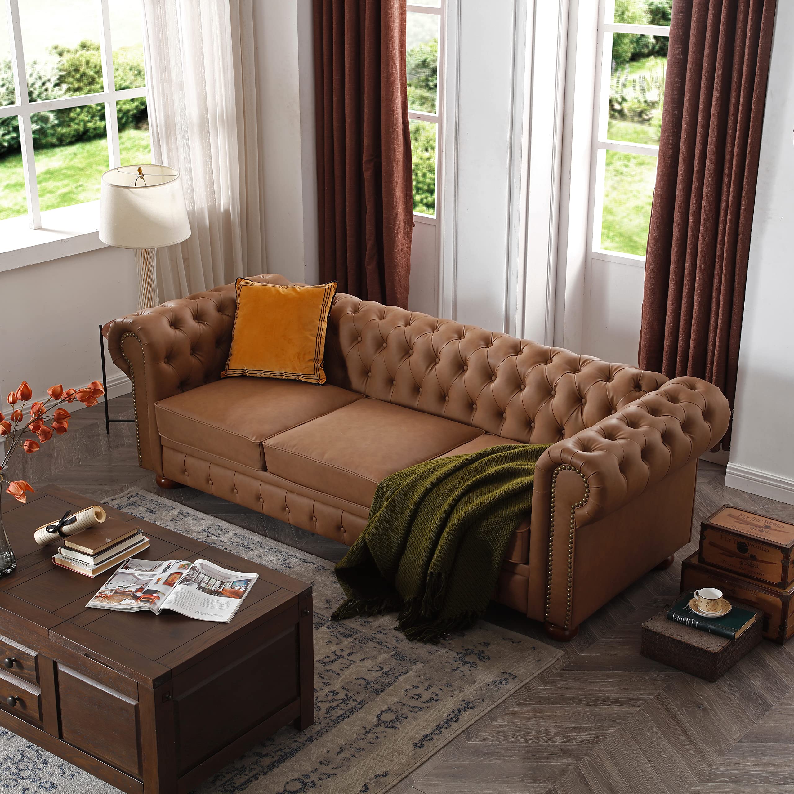 LIADTOP Classic Chesterfield, Modern 3 Seater Sofa, Living Room, Upholstered Tufted Back Settee Couch with Rolled Arms Nailhead Trim,Brown Faux Leather